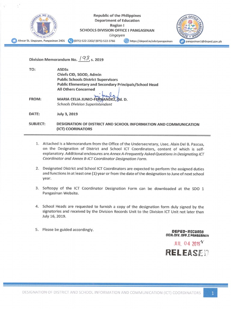 DM193s2019-Designation of District and School Information and ...