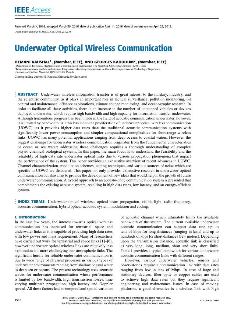 Underwater Optical Wireless Communication | PDF | Attenuation | Scattering