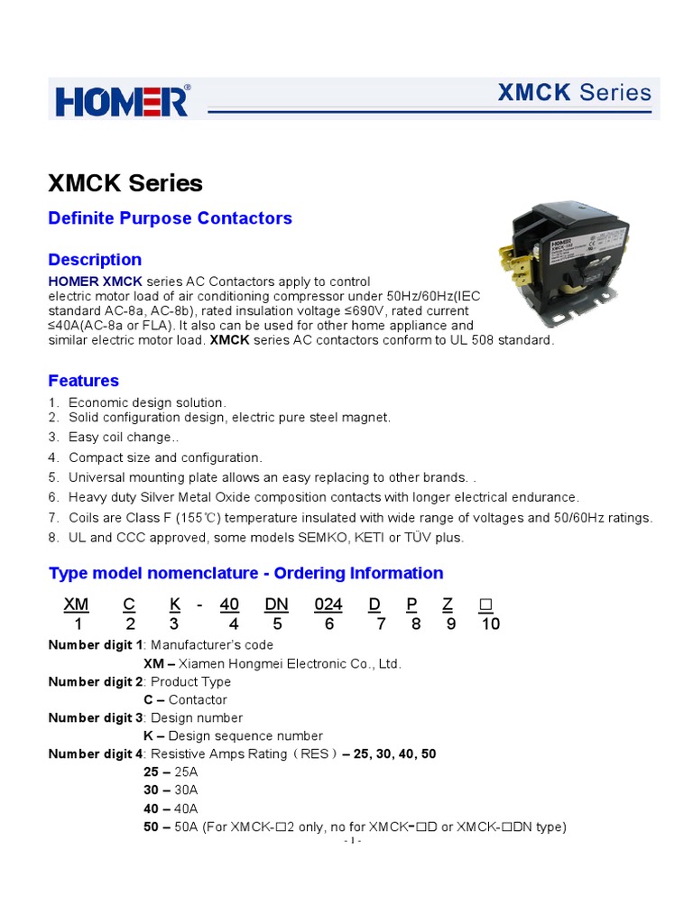 XMCK Series Definite Purpose Contactors: Technical Specifications and ...