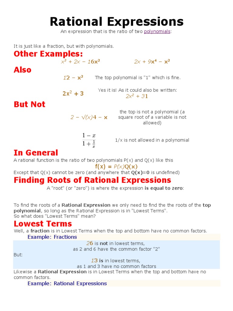Rational Expressions: Other Examples: Also | PDF | Asymptote | Polynomial