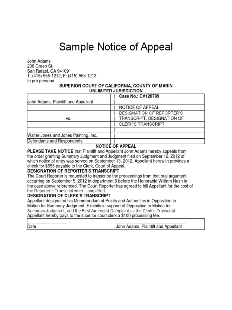 Sample Notice of Appeal: Superior Court of California, County of Marin ...