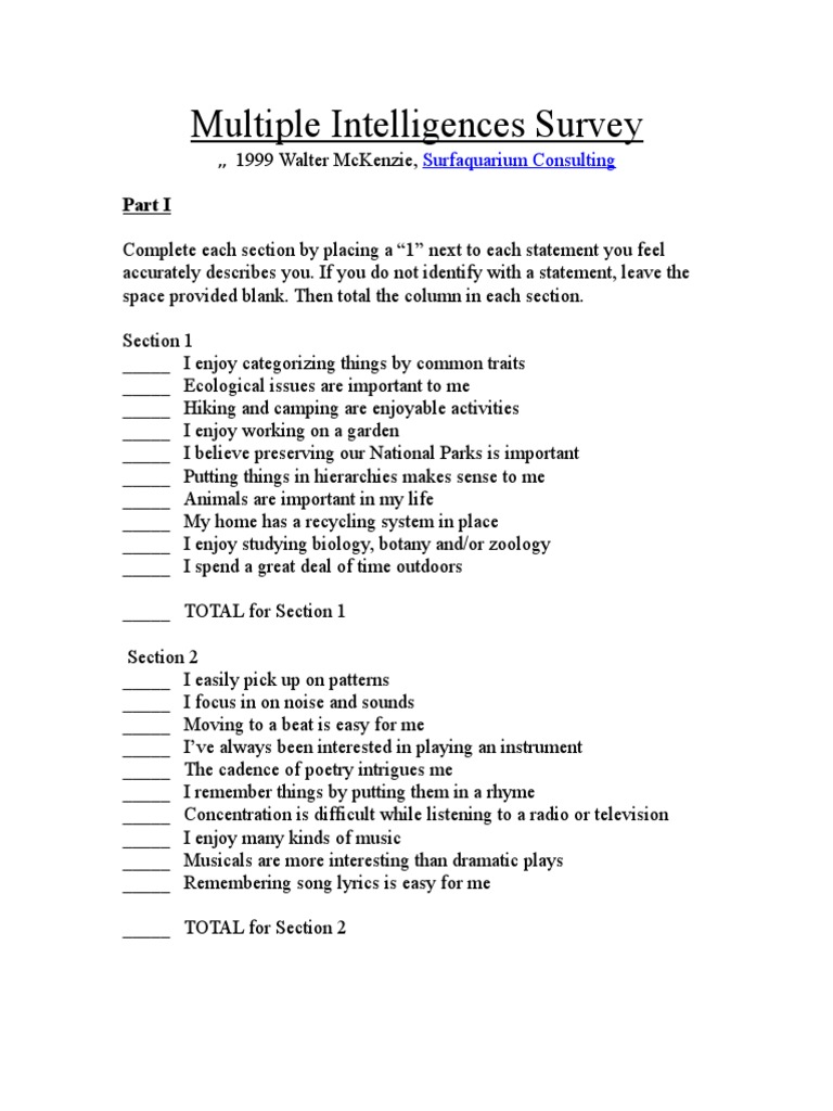 Multiple Intelligences Survey PDF | PDF | Mind | Psychology