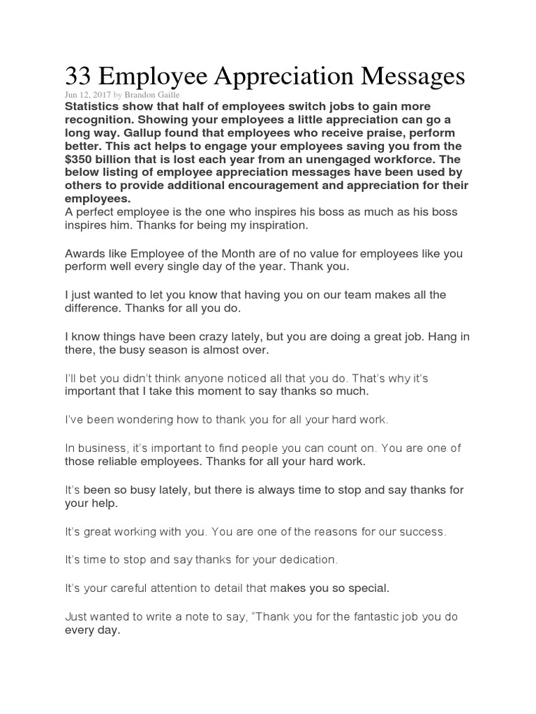 33 Employee Appreciation Messages | Download Free PDF | Employee | Labour