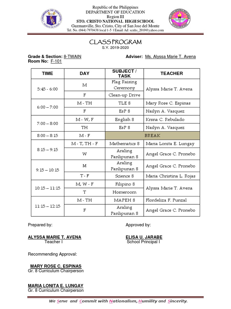 G8 Class Program 2019 2020 9 Sections | PDF | Philippines | Learning
