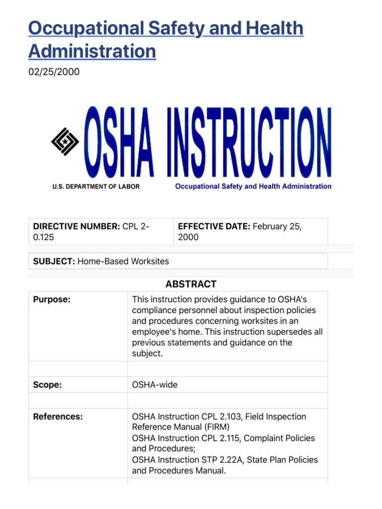 OSHA Policy on Inspections of Home-Based Worksites and Home Offices ...