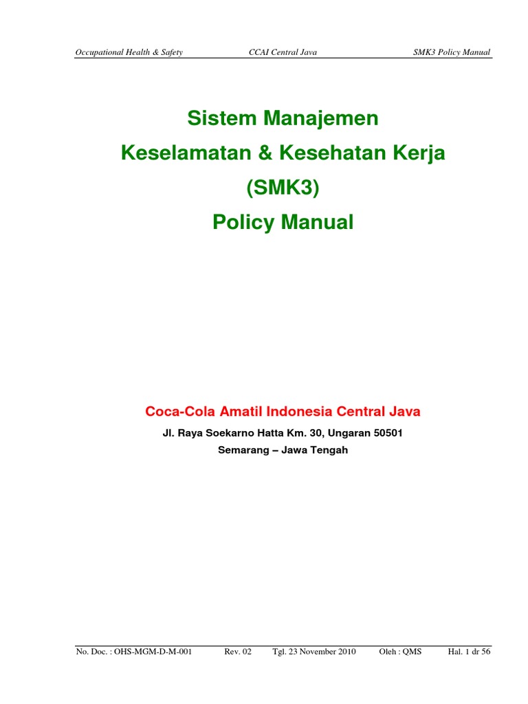 01.OHS-MGM-D-M-001 Rev 03 Review Ke 7 Update SMK3 Policy Manual. | PDF