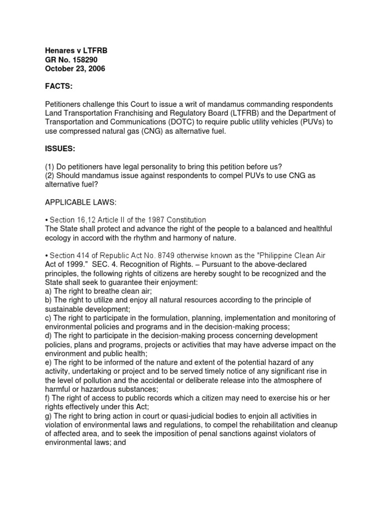 Henares V LTFRB GR No. 158290 October 23, 2006 Facts | PDF | Mandamus ...