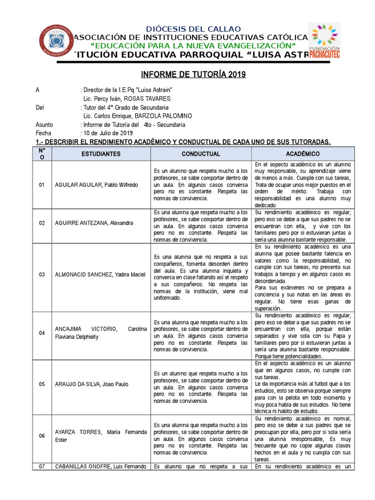 Informe de Tutoria-2019 | PDF | Salón de clases | Inicio