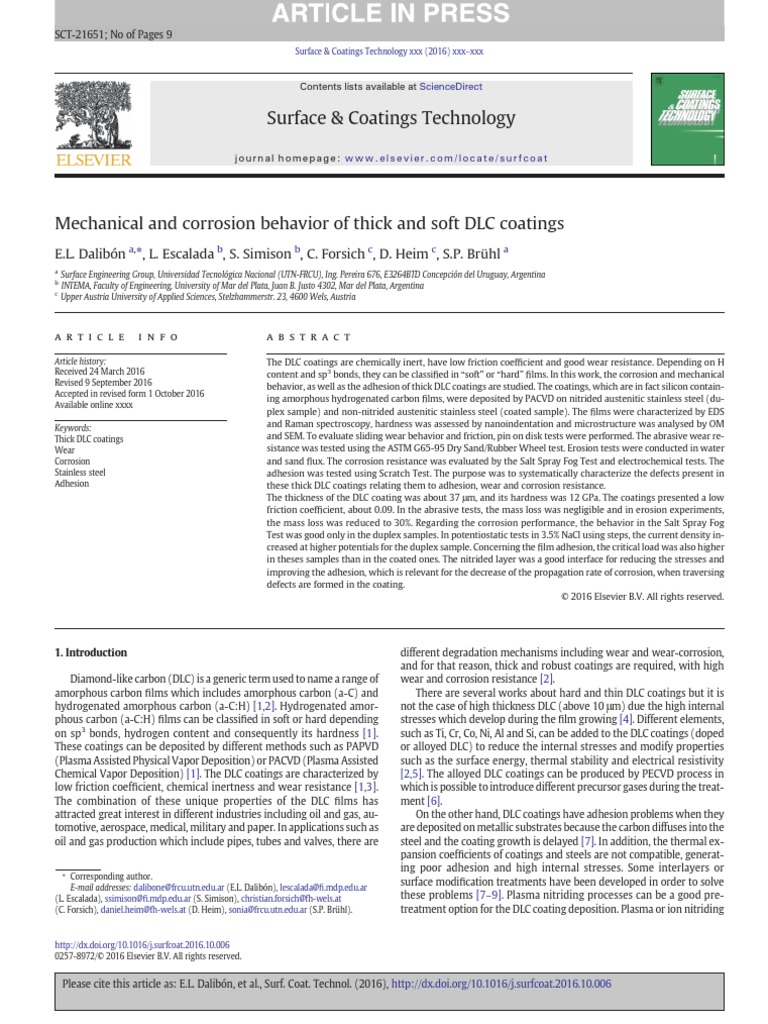 2016 - PACVD Thick DLC Coatings | PDF | Wear | Corrosion