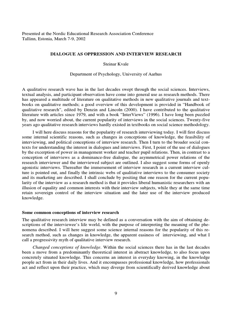 Kvale 2003 Dialogue As Oppression and Interview Research | PDF ...