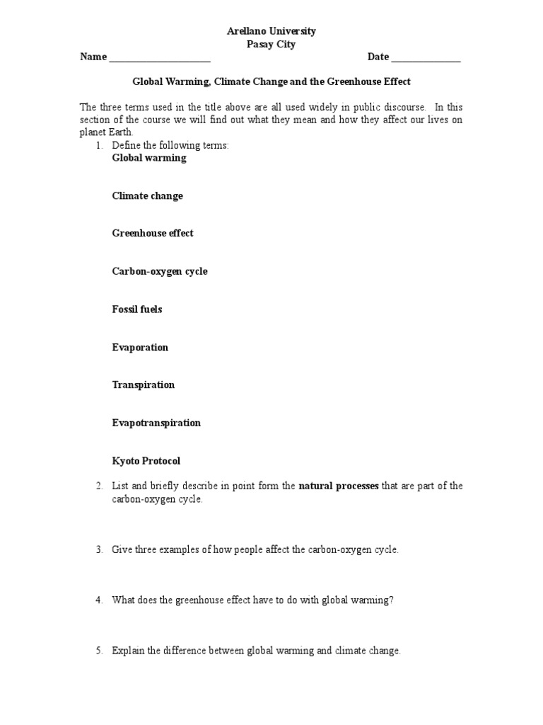 Global Warming Climate Change & Greenhouse Effect Worksheet | PDF