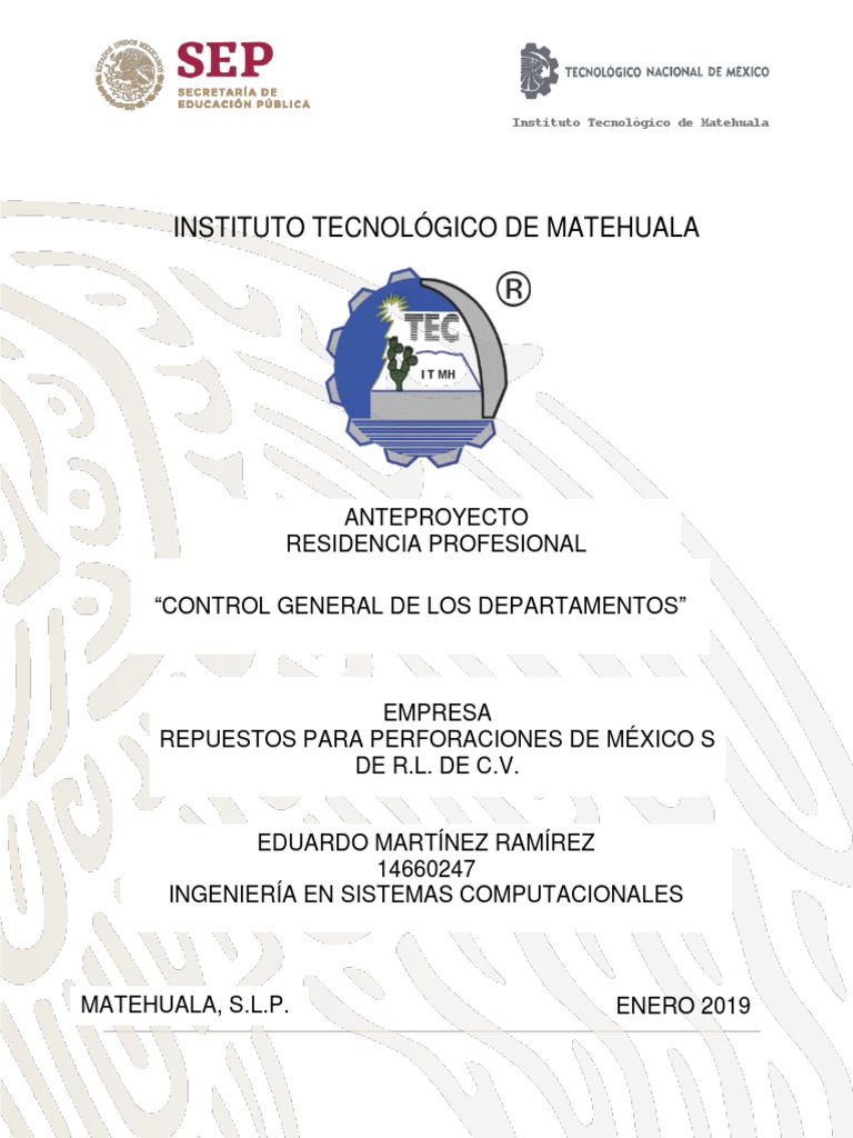 Portada y Estructura de Anteproyecto (Anexo I) de Residencia Profesional EJ2019 | PDF