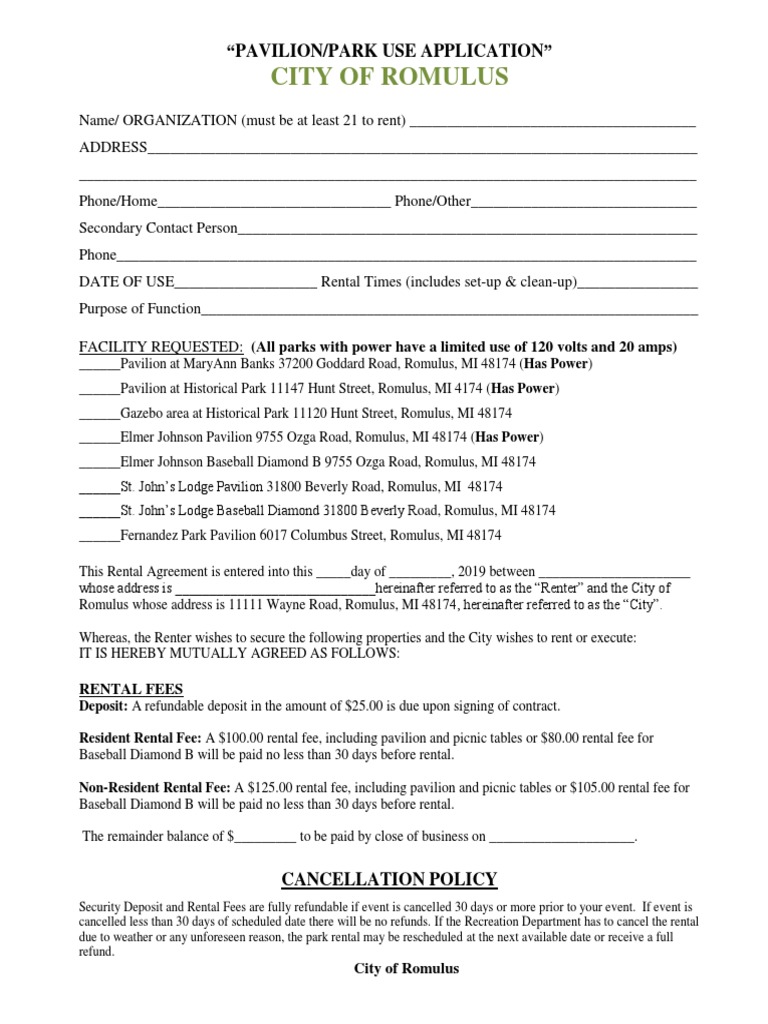 Romulus Pavilion Rental Application | PDF | Fee | Government Information