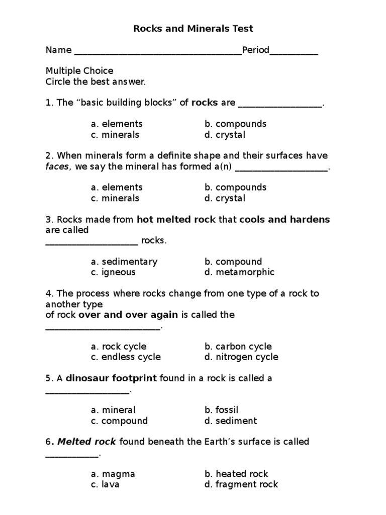 Rocks and Minerals Test | PDF | Sedimentary Rock | Rock (Geology)