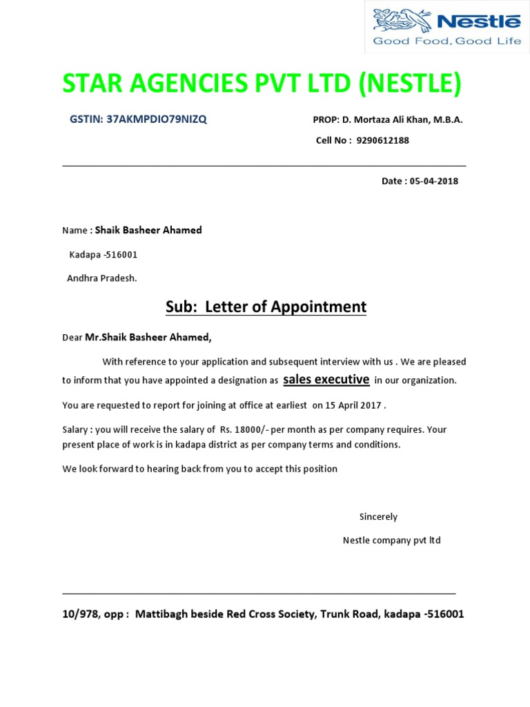 Star Agencies PVT LTD (Nestle) : Sub: Letter of Appointment | PDF