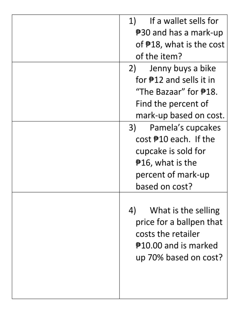 Mark-Up and Selling Price Calculations | PDF | Games & Activities