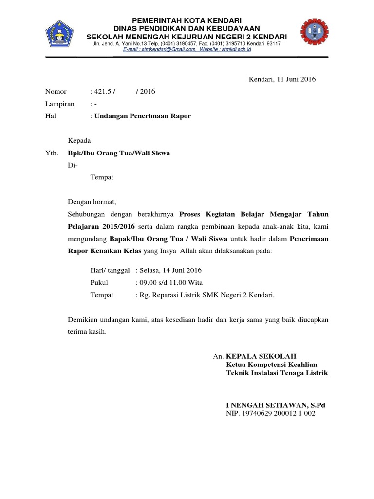 Surat Undangan Penerimaan Rapor | PDF