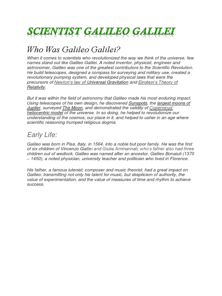 Scientist Galileo Galilei Biography PDF | PDF | Galileo Galilei ...