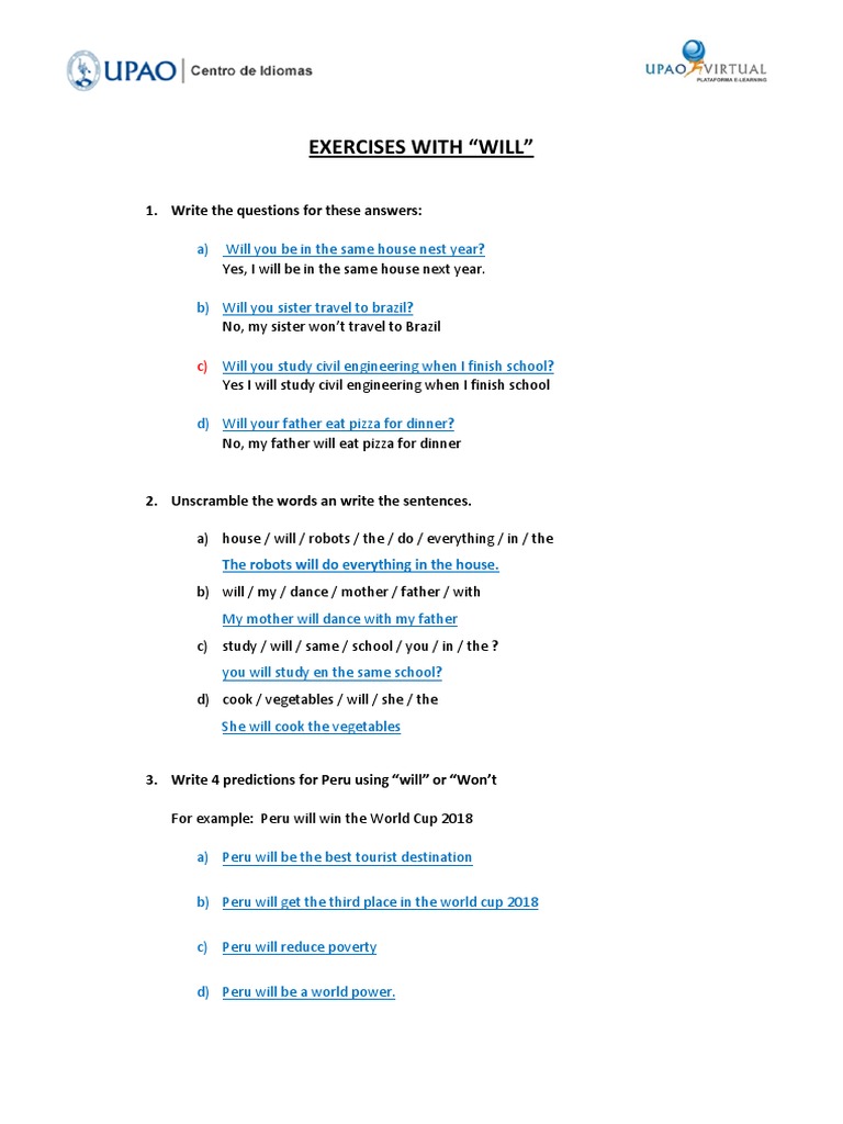 Exercises With "Will": 1. Write The Questions For These Answers | PDF