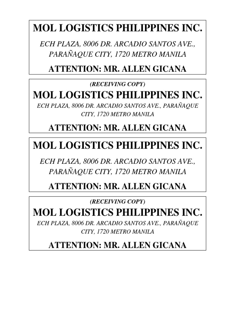 Mol Logistics Philippines Inc.: Attention: Mr. Allen Gicana | PDF