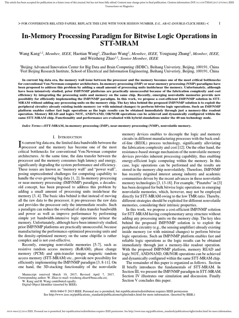 In-Memory Processing Paradigm For Bitwise Logic Operations in STT-MRAM | PDF | Random Access ...