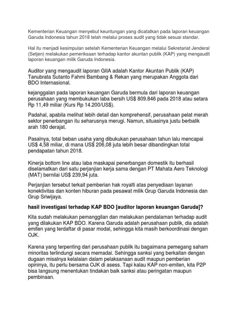 Hasil Investigasi Terhadap KAP BDO (Auditor Laporan Keuangan Garuda ...