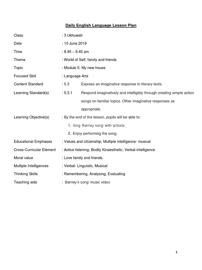 Daily English Language Lesson Plan | PDF | Teachers | Lesson Plan