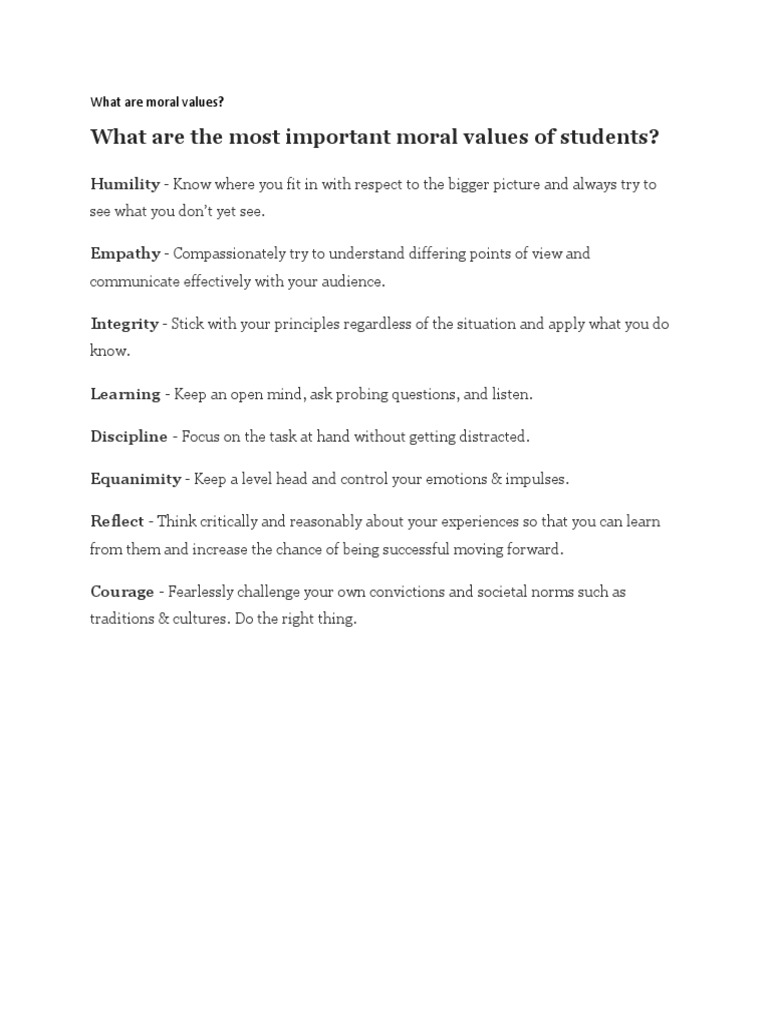 Key Moral Values for Students | PDF