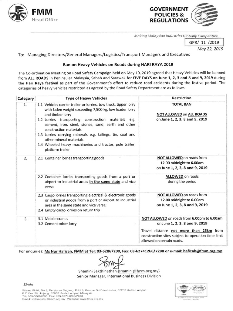 Circular - Ban On Heavy Vehicles During HARI RAYA 2019 - 39 | PDF