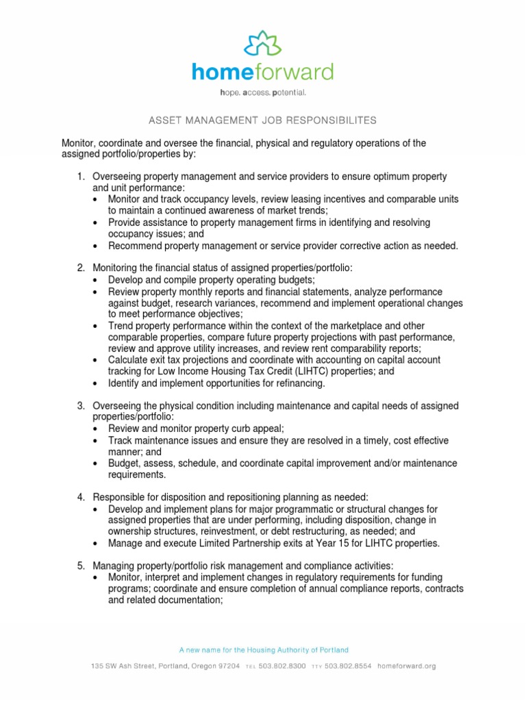 Asset Manager Job Responsibilities Overview | PDF | Property Management ...