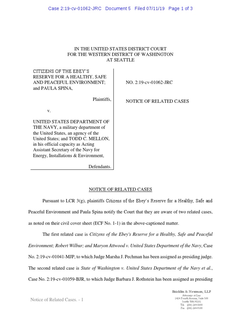 19718649727 - Notice of Related Cases in COER v. Navy US Fed Court Case ...