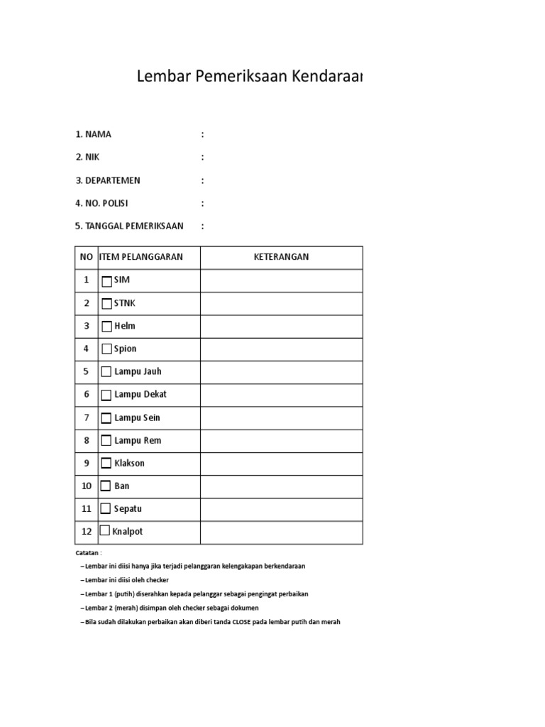 Form Checklist Kendaraan Bermotor Roda 2 | PDF