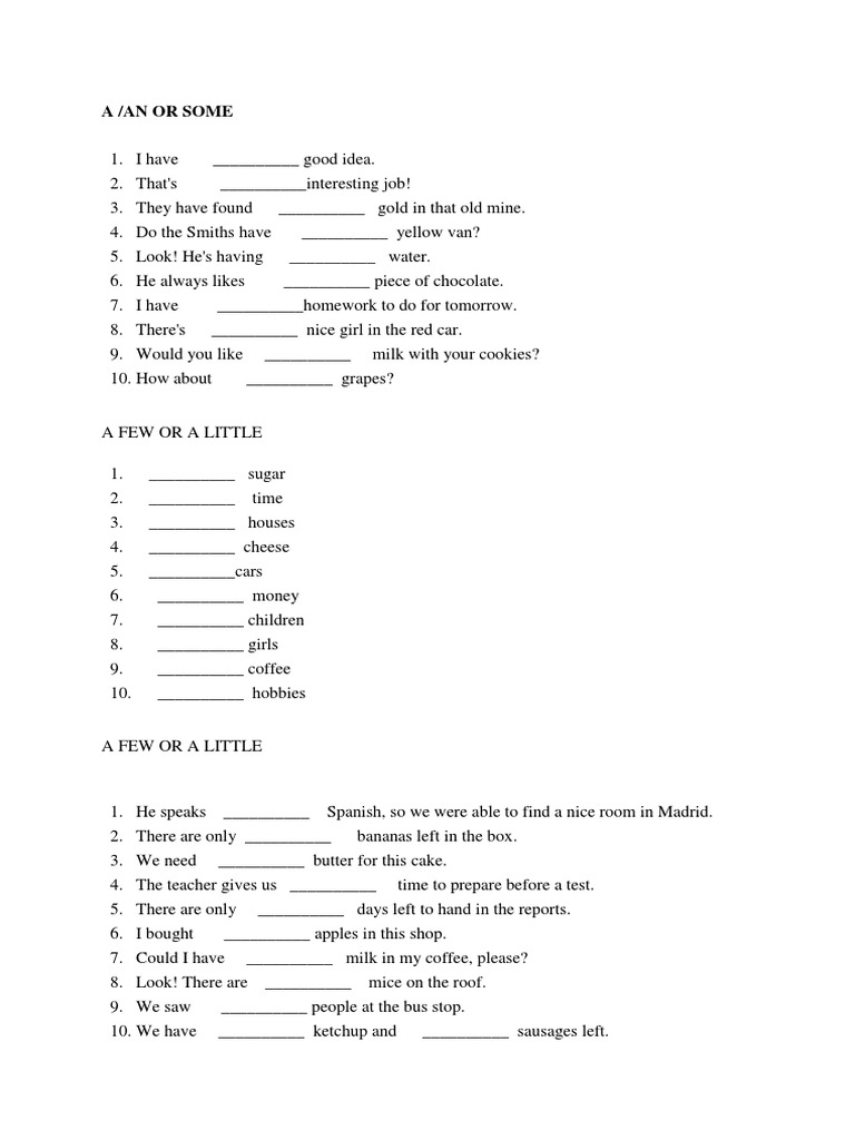 English Grammar Exercise A An Some Any Many Much | PDF | Cooking | Foods