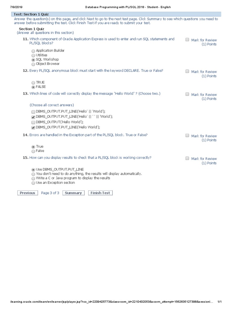 Database Programming Quiz | PDF | Pl/Sql | Object Oriented Programming