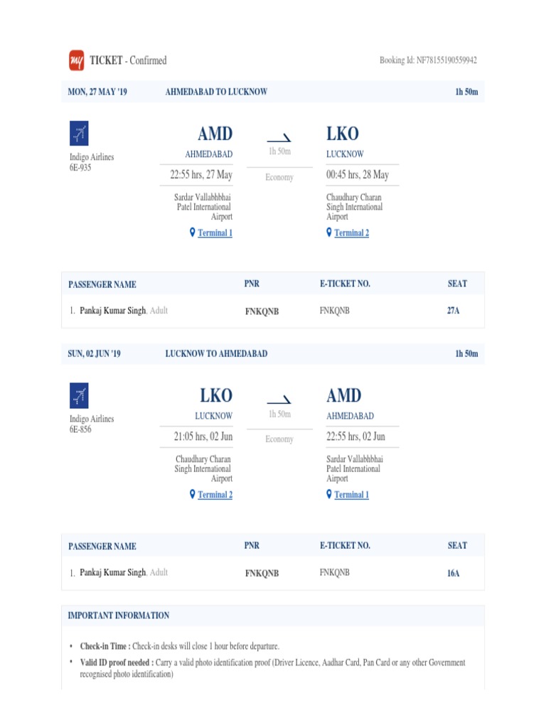 AMD LKO: TICKET - Confirmed | PDF | Aviation | Transport