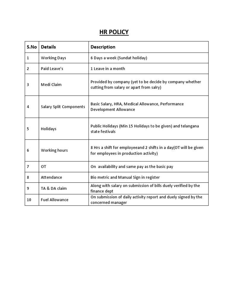 HR Policy: S.No Details Description | PDF