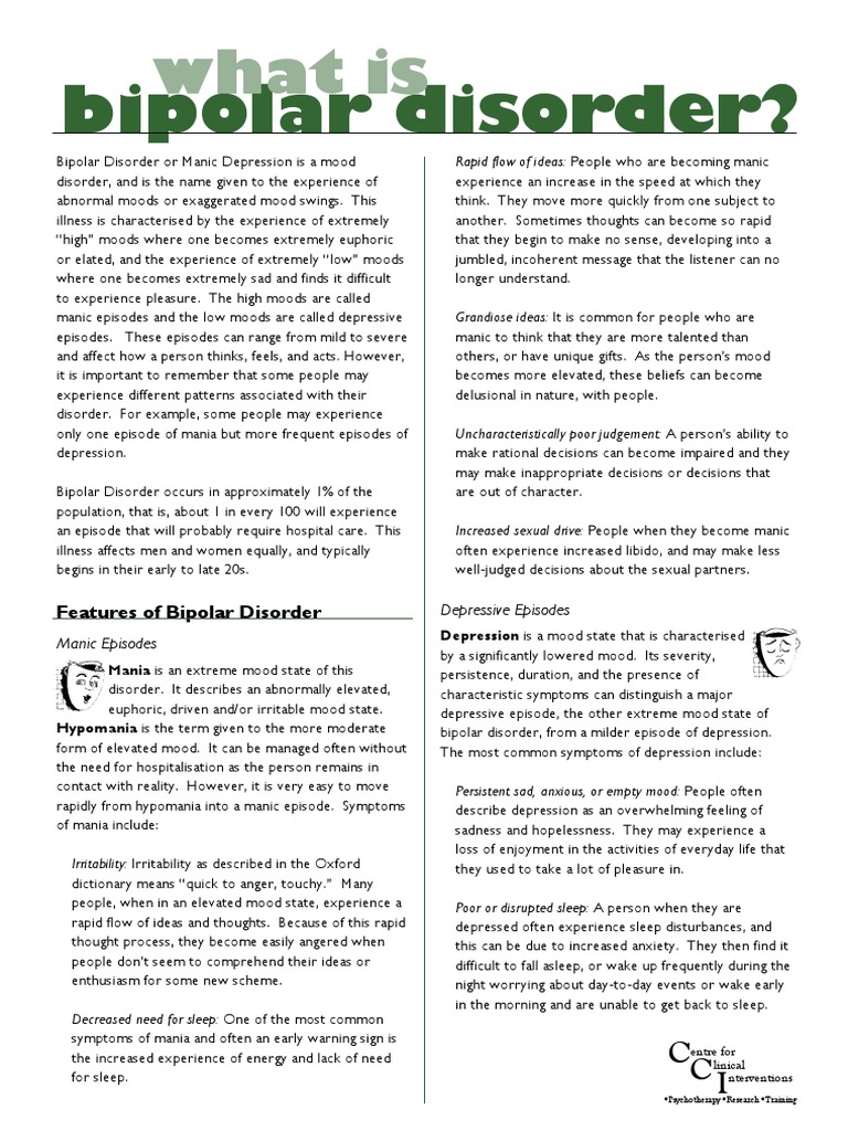 Bipolar Information Sheet - 01 - What Is Bipolar Disorder | PDF | Mania ...