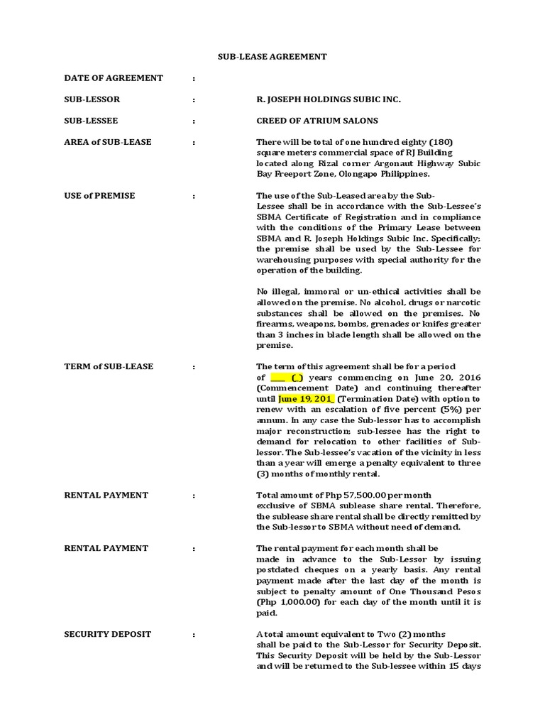 Sub-Lease Agreement Date of Agreement: Sub-Lessor: R. Joseph Holdings ...