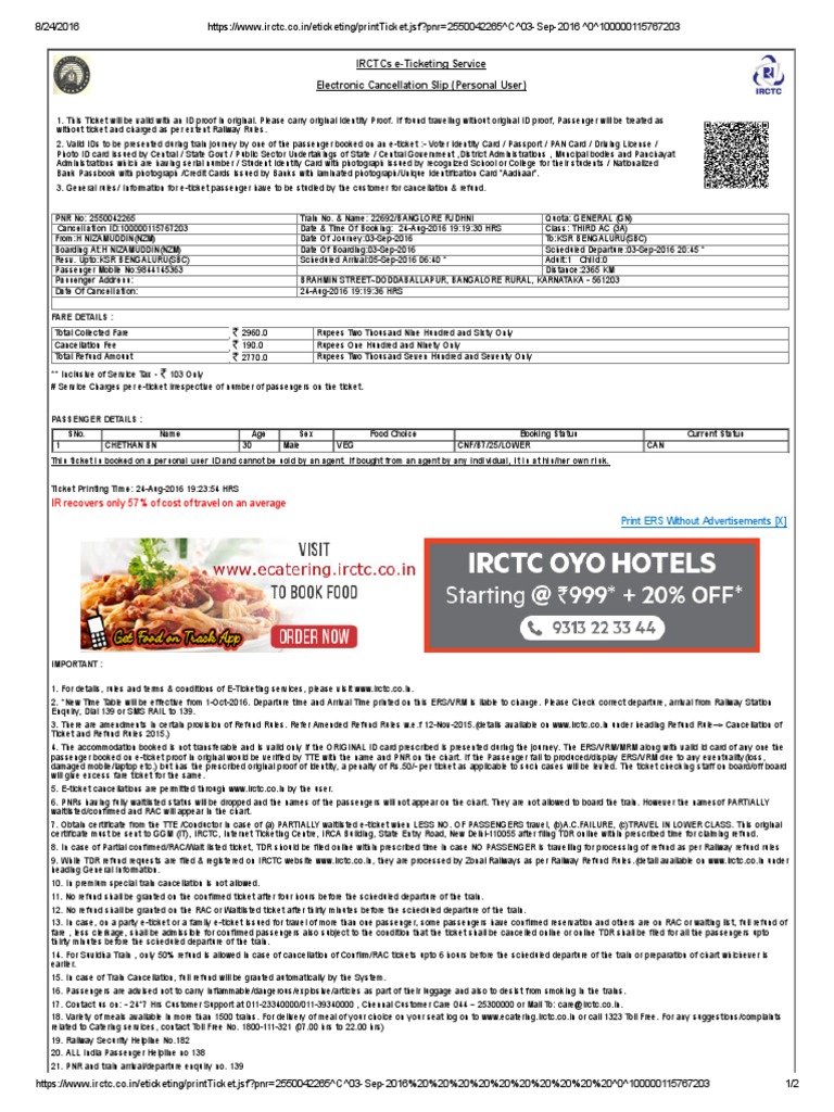 Ndls To SBC Cancellataion | PDF | Identity Document | Ticket (Admission)