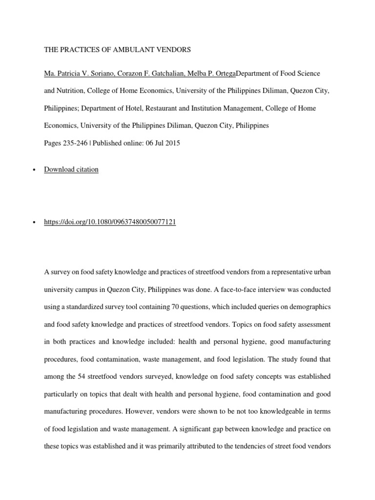 The Practices of Ambulant Vendors | PDF | Food Safety | Foods