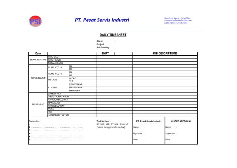 Daily Timesheet and Job Descriptions for Corrosion Prevention and NDT ...