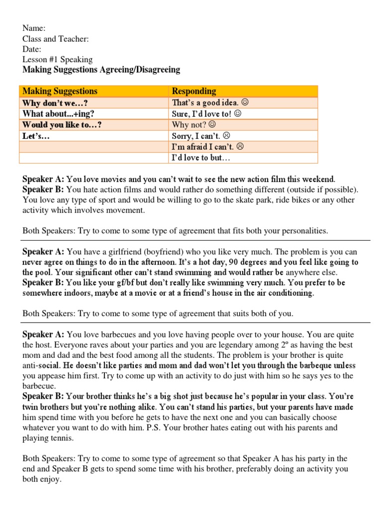 Speaking-Activity-1 Making Suggestions Agree Disagree | PDF