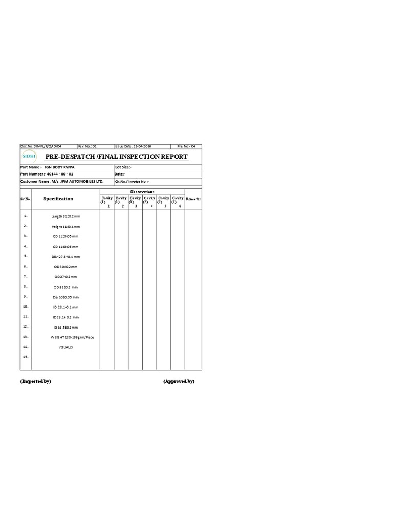 PRE Despatch /final Inspection Report: Specification | PDF