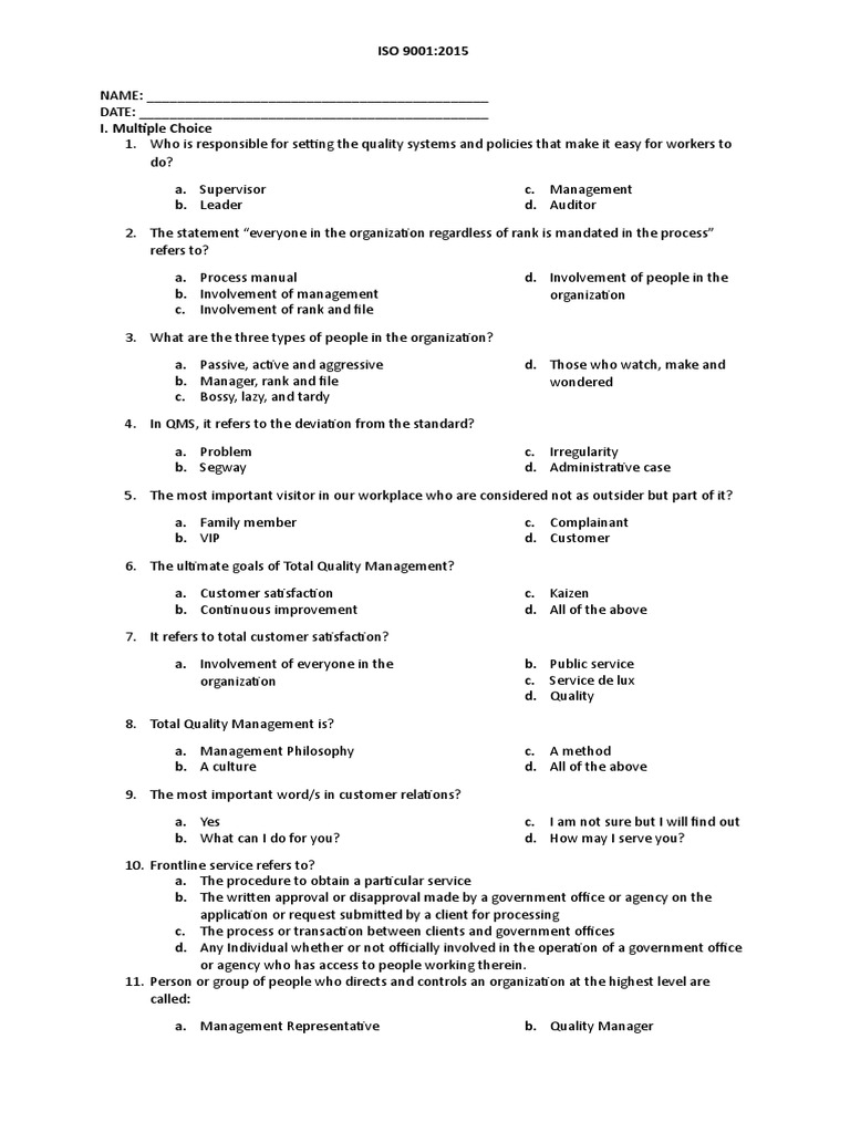 ISO 9001 Quiz | PDF | Audit | Quality Management