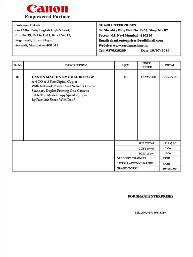 A Competitive Quote for a Canon Digital Copier | PDF