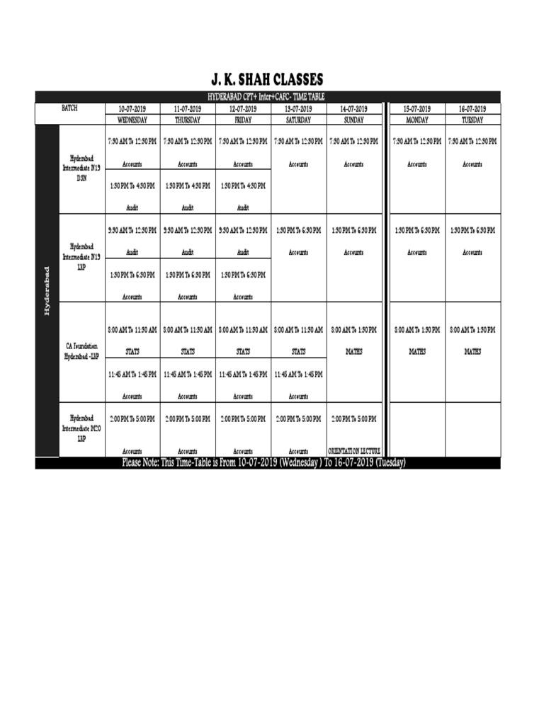 J. K. Shah Classes: Hyderabad CPT+ Inter+Cafc-Time Table | PDF | Sports