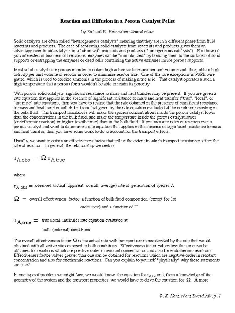 Reaction and Diffusion in A Porous Catalyst Pellet: A, Obs A, True ...