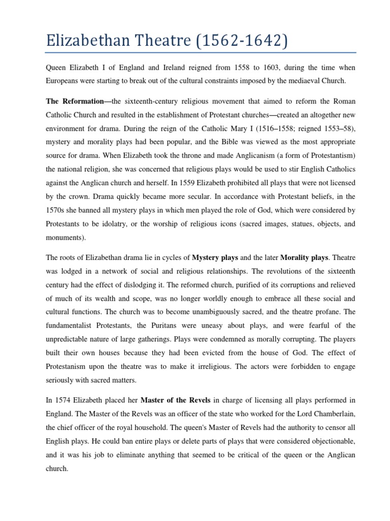 The Rise of Secular Theatre in Elizabethan England: The Development of ...