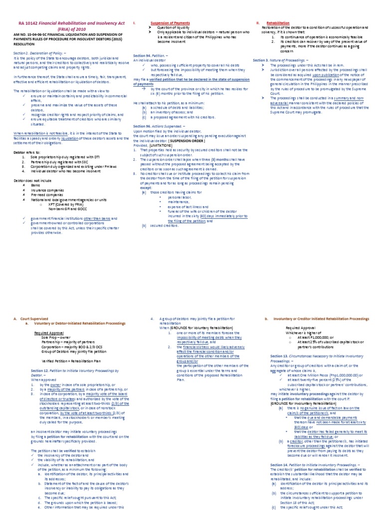 FRIA Class Notes | PDF | Bankruptcy | Liquidation
