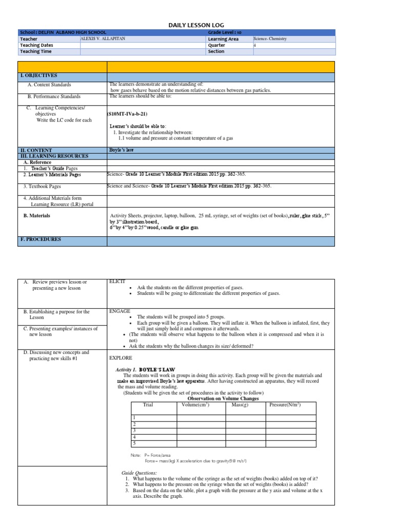 Lesson Exemplar of Alexis v. Allapitan | Download Free PDF | Gases ...